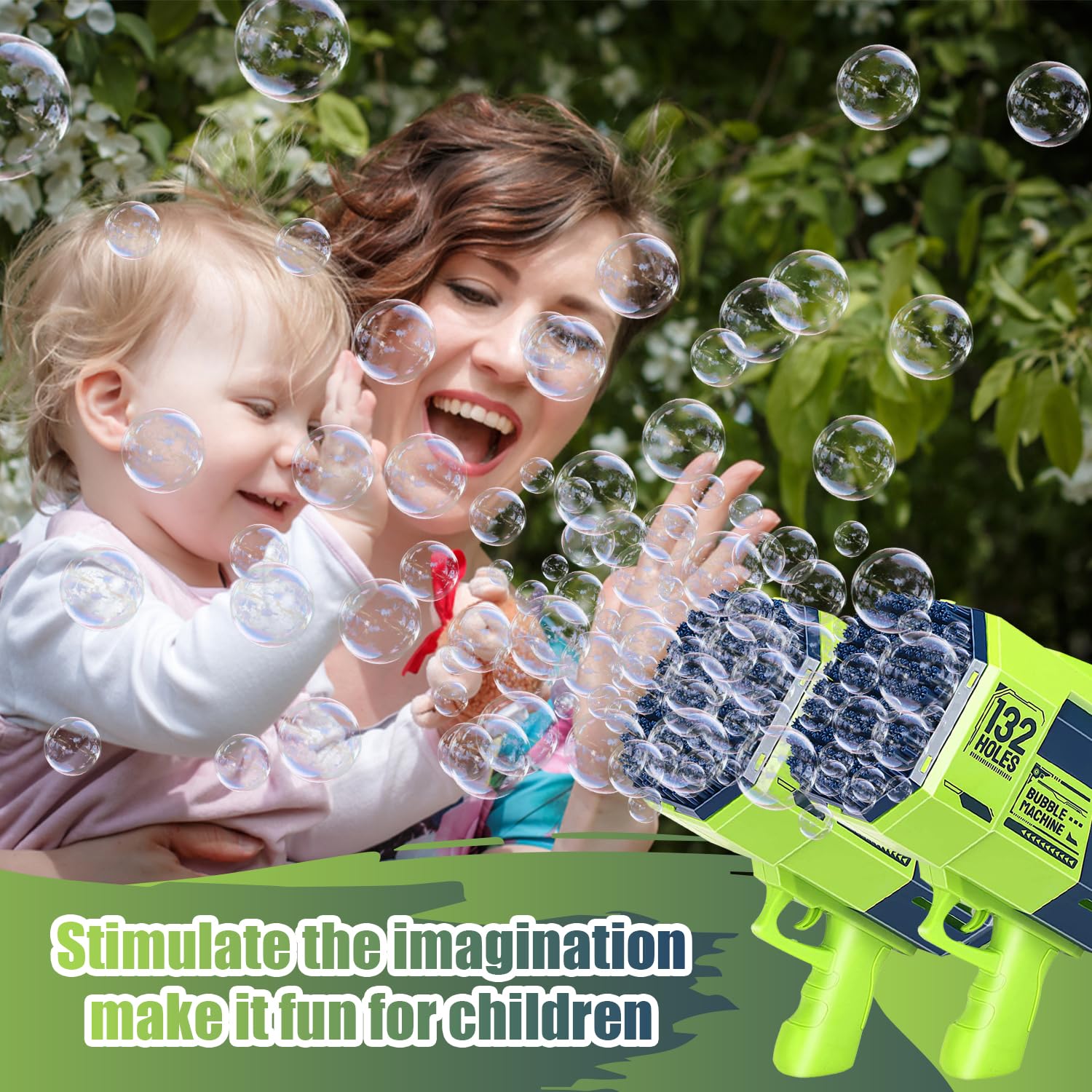 Dynasty Pro Bubble Machine Gun 132 Hole Bubble Maker - Bazooka Bubble Gun and Lights - 6000+ Bubbles Per Min Suitable for Children & Adults - Electric Bubble Gun For Indoor, Outdoor & Birthday (Green)