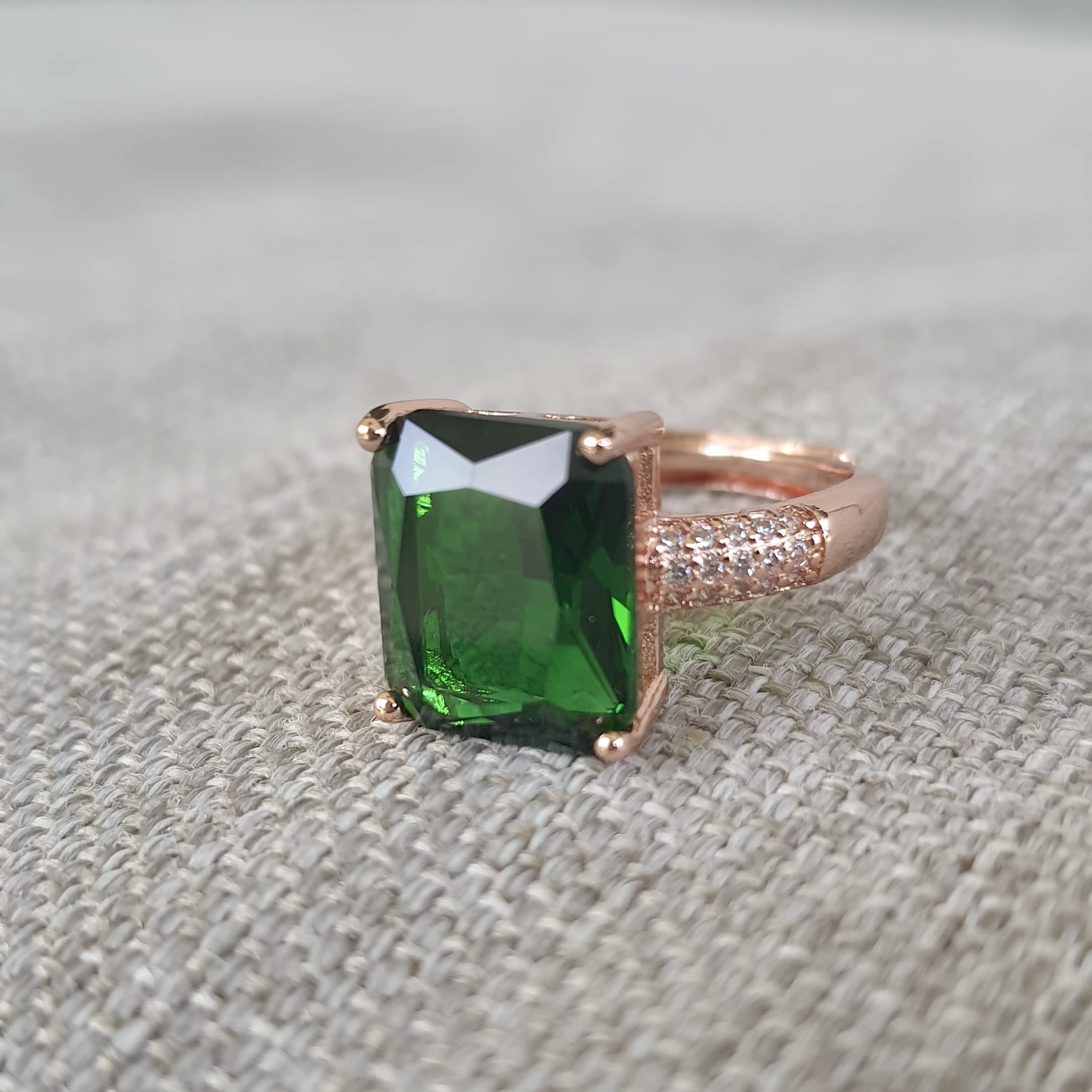 Good Luck Ring for Women. Green Stone Talisman Ring, Dream, Money Ring Rectangular Shape 16K. Birthstone Ring Psychic Spell Ring. (White Gold)