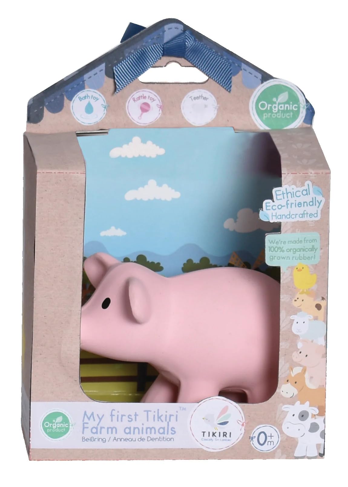 Tikiri My First Farm Animal Pig Natural Rubber Rattle (Pink)