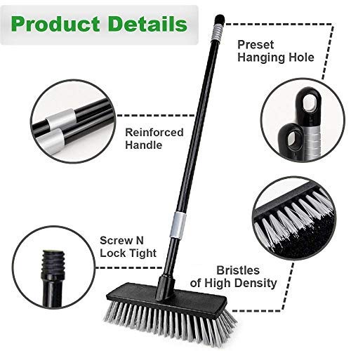 LandHope Hard Bristle Deck Broom Adjustable Long Handled Scrub Brush Heavy Duty Concrete Push Broom Outdoor Brush Garage Broom Wood Large Floor Scrubber 30-49 inch Balcony Broom