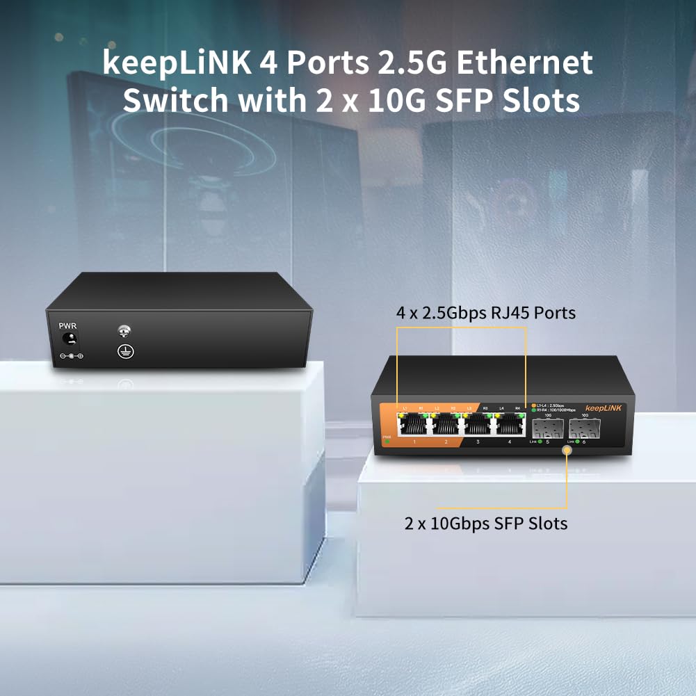 keepLiNK 5 Port Gigabit Ethernet Switch, Unmanaged Desktop or Wall Mount Network Splitter, Plastic Case, Plug and Play with 2 Pcs 3.28ft Cat6 Ethernet Cable