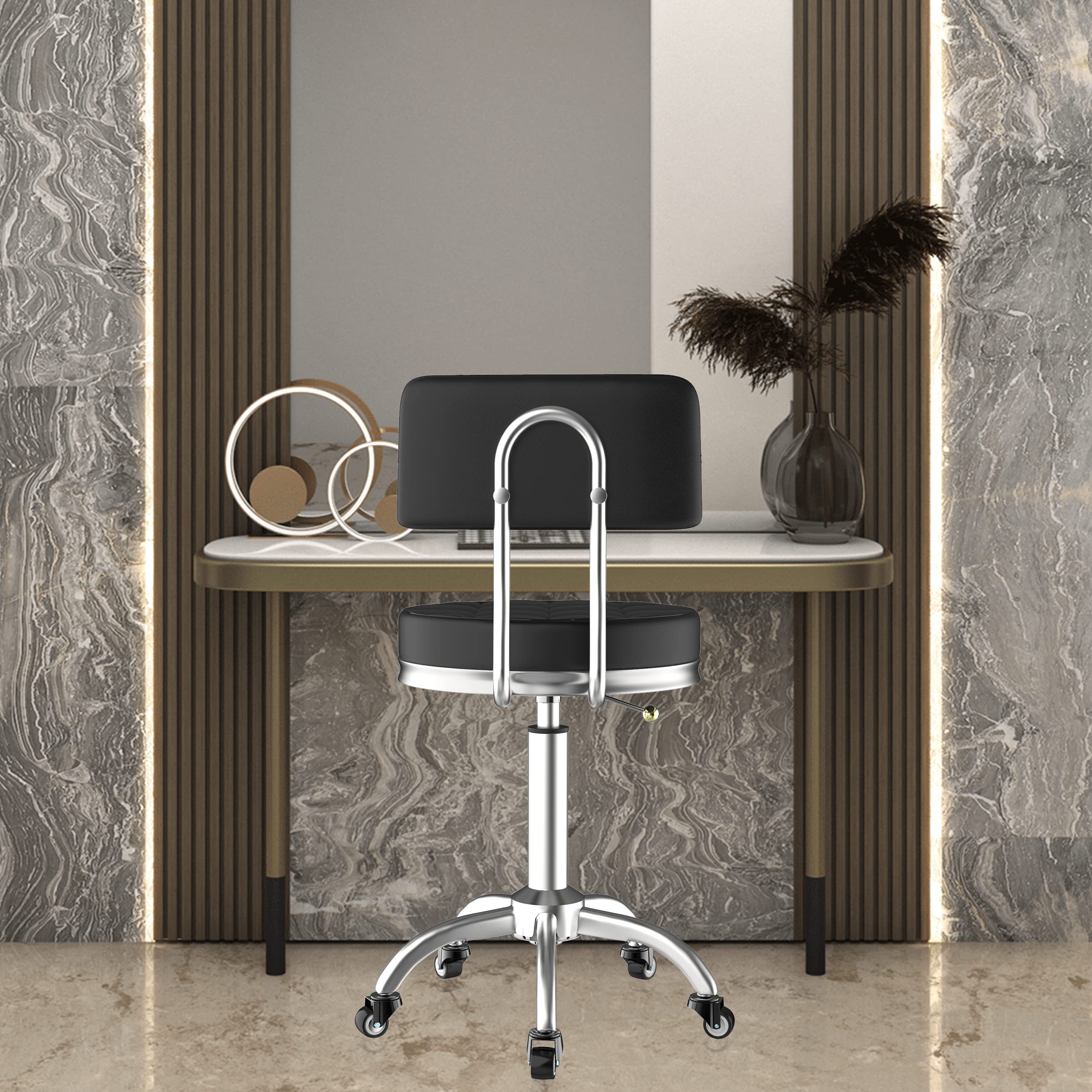 YJHome Heavy Duty 550LB Rolling Stool with Backrest Height Adjustable Stool with Wheels, Metal Salon Hydraulic Chair for Vanity Spa Guitar Desk Kitchen, Black