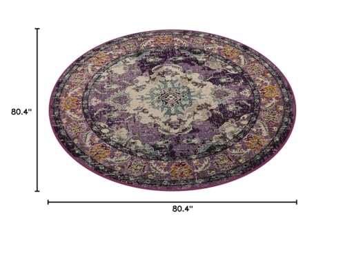 SAFAVIEH Monaco Collection Area Rug - 6'7" Round, Violet & Light Blue, Boho Chic Medallion Distressed Design, Non-Shedding & Easy Care, Ideal for High Traffic Areas in Living Room, Bedroom (MNC243L)
