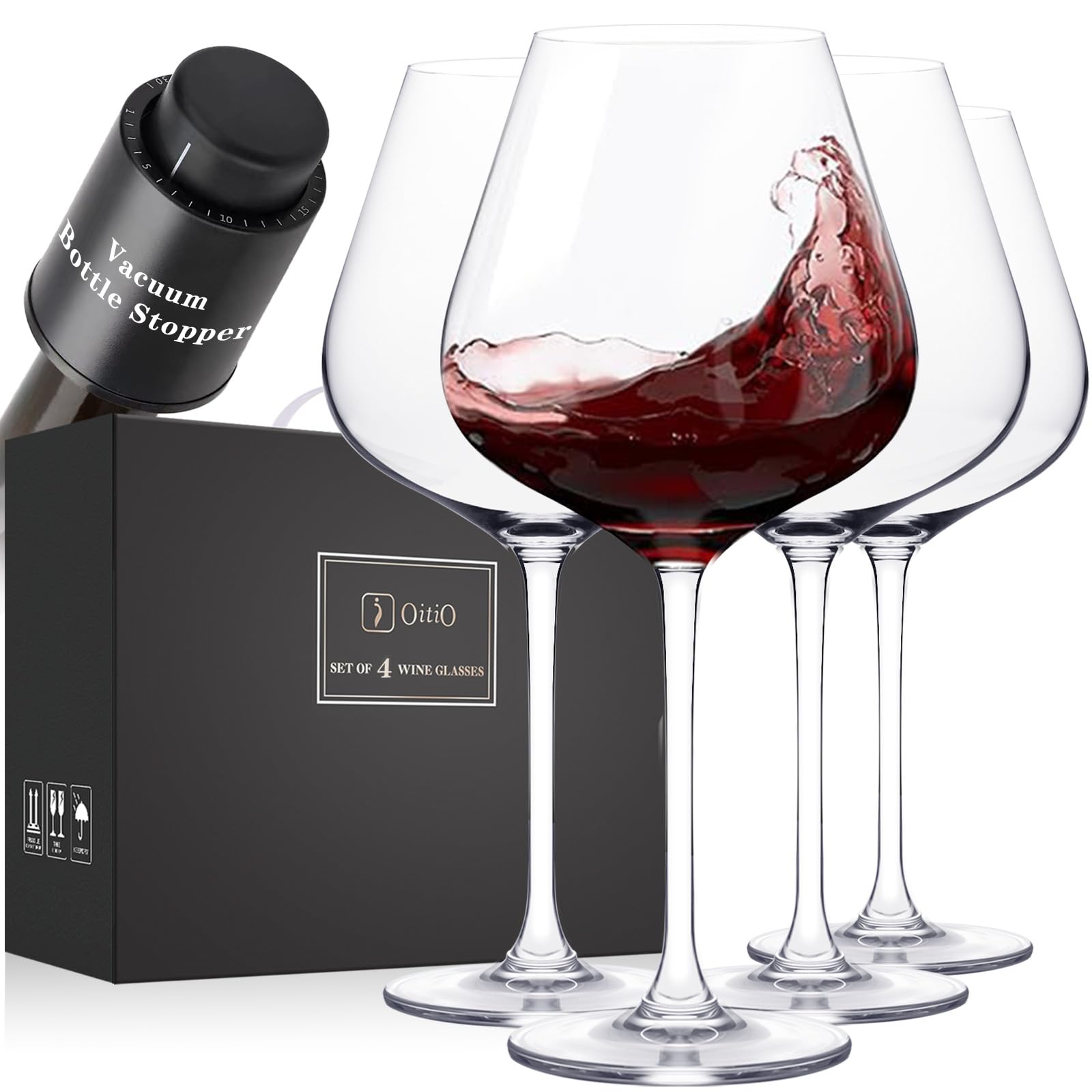 OitiO Red Wine Glasses Set of 4, 20 oz Crystal Wine Glasses Large, Long Stem White Wine Glasses Modern with Wine Stopper, Premium Gift Set for Wedding Anniversary Birthday Christmas Women Men