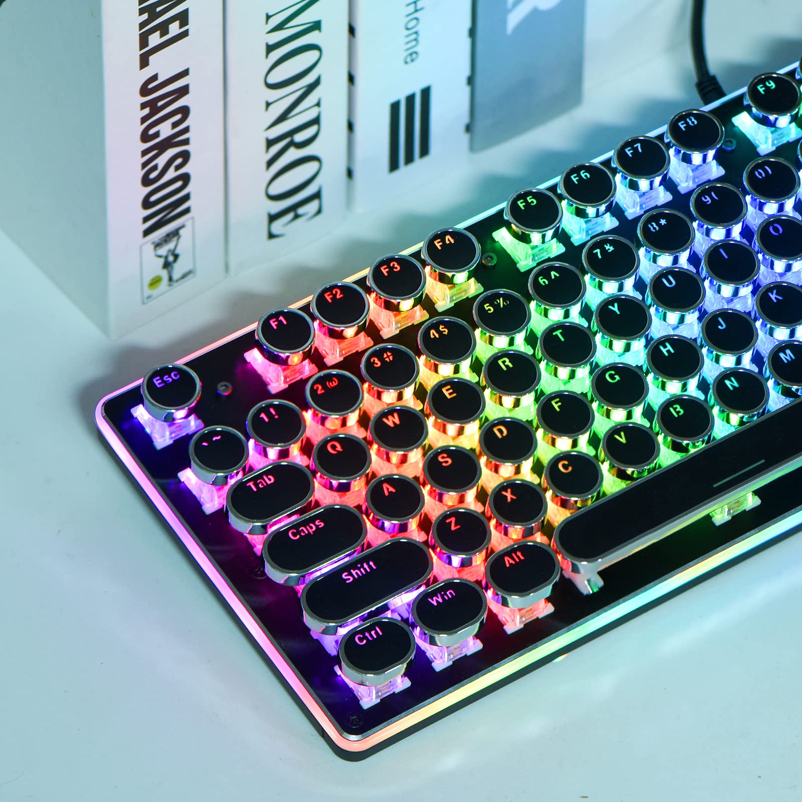 KOLMAX HUNTER Typewriter Style Mechanical Gaming Keyboard,RGB Backlit Wired Gaming Keyboard with Blue Switch Retro Steampunk Round 104 Anti-ghosting Retro Round Keycaps for Windows/Mac/PC