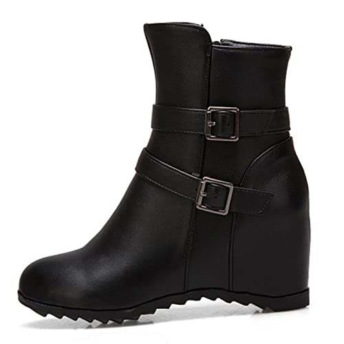 Fashion Wedge Increase Women's Buckle Style Belt Inner British Heel Height Boots women's boots Dress Boots for Women (Black, 7.5)