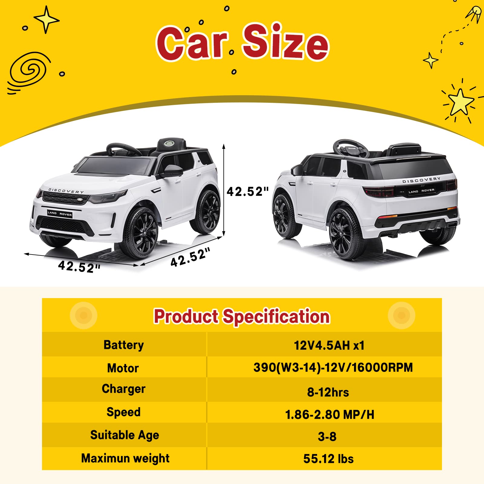 Hetoy Ride on Car for Kids 12V power Battery Electric Vehicles Licensed Land Rover Ride On Truck w/Parent Remote Control, MP3 Player, Rocking, Pull Rod (White)