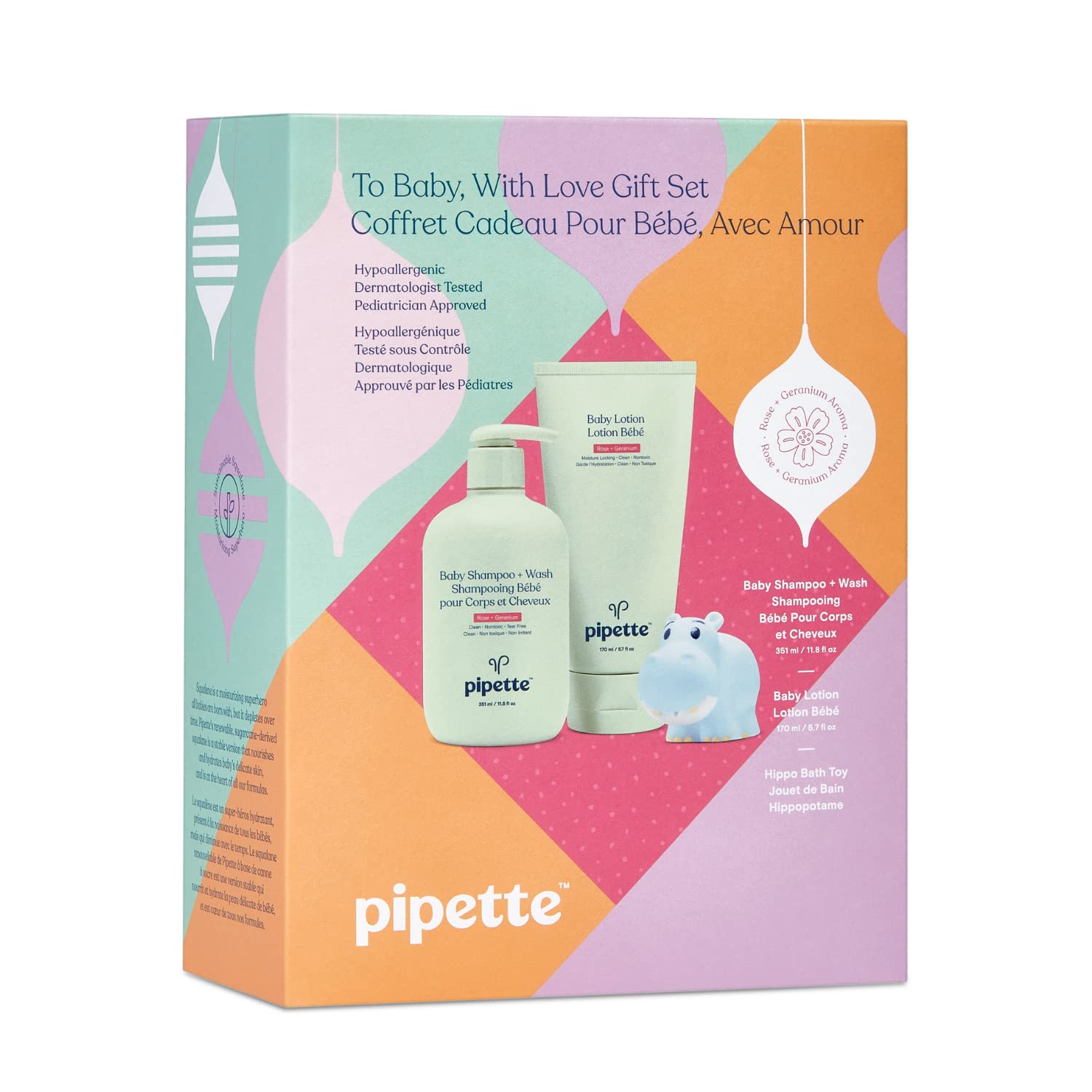 Pipette, to Baby, with Love Gift Set - Calming Bath Time Duo, Wash Tear-Free and Moisturize Set with Renewable Plant-Derived Squalane, Rose + Geranium Aroma, 3-Piece Set