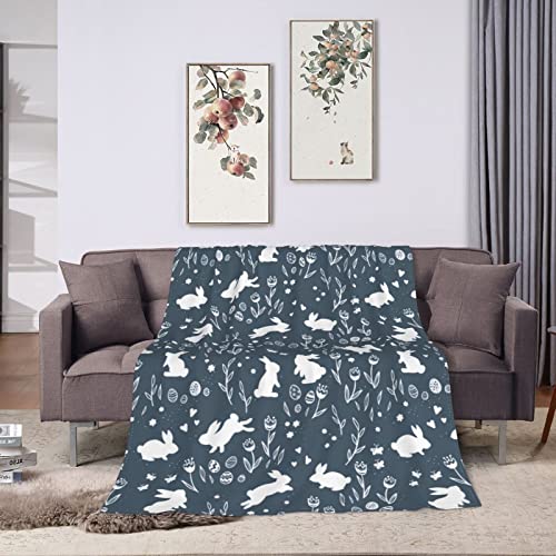 JSHXJBWR Cute Easter Seamless Bunnies Flowers Easter Eggs Throw Blanket Warm Cozy Lightweight Blankets Easter Rabbit Flannel Blanket for Sofa Couch Bed Office Holiday Decorative 60"X50"