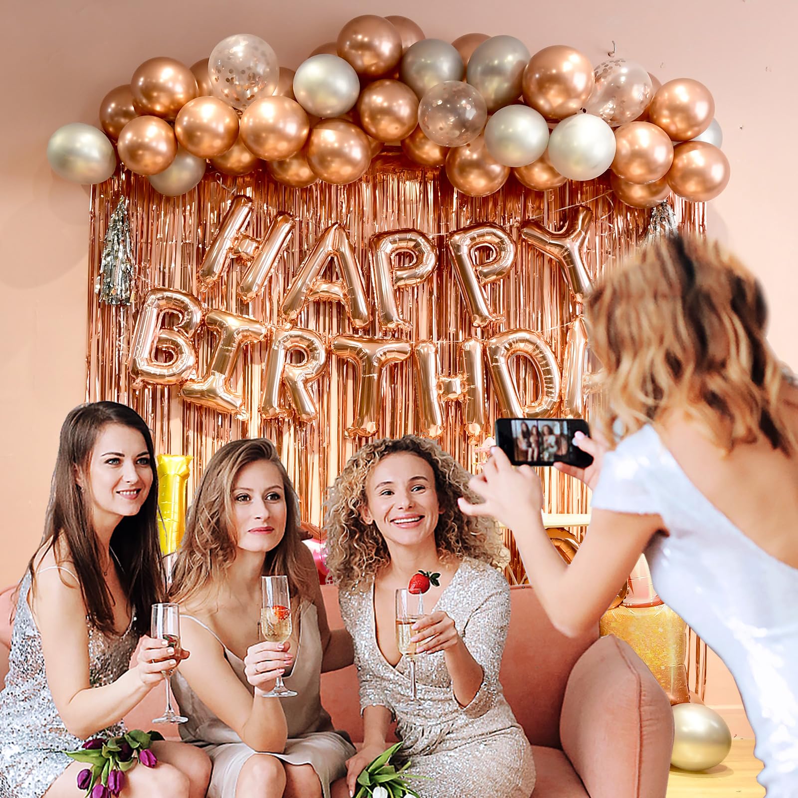 Rose Gold birthday decorations for women ,happy birthday party decorations for girls,Rose Gold Fringe Curtain,happy birthday banner,happy birthday balloon,happy birthday balloon letters