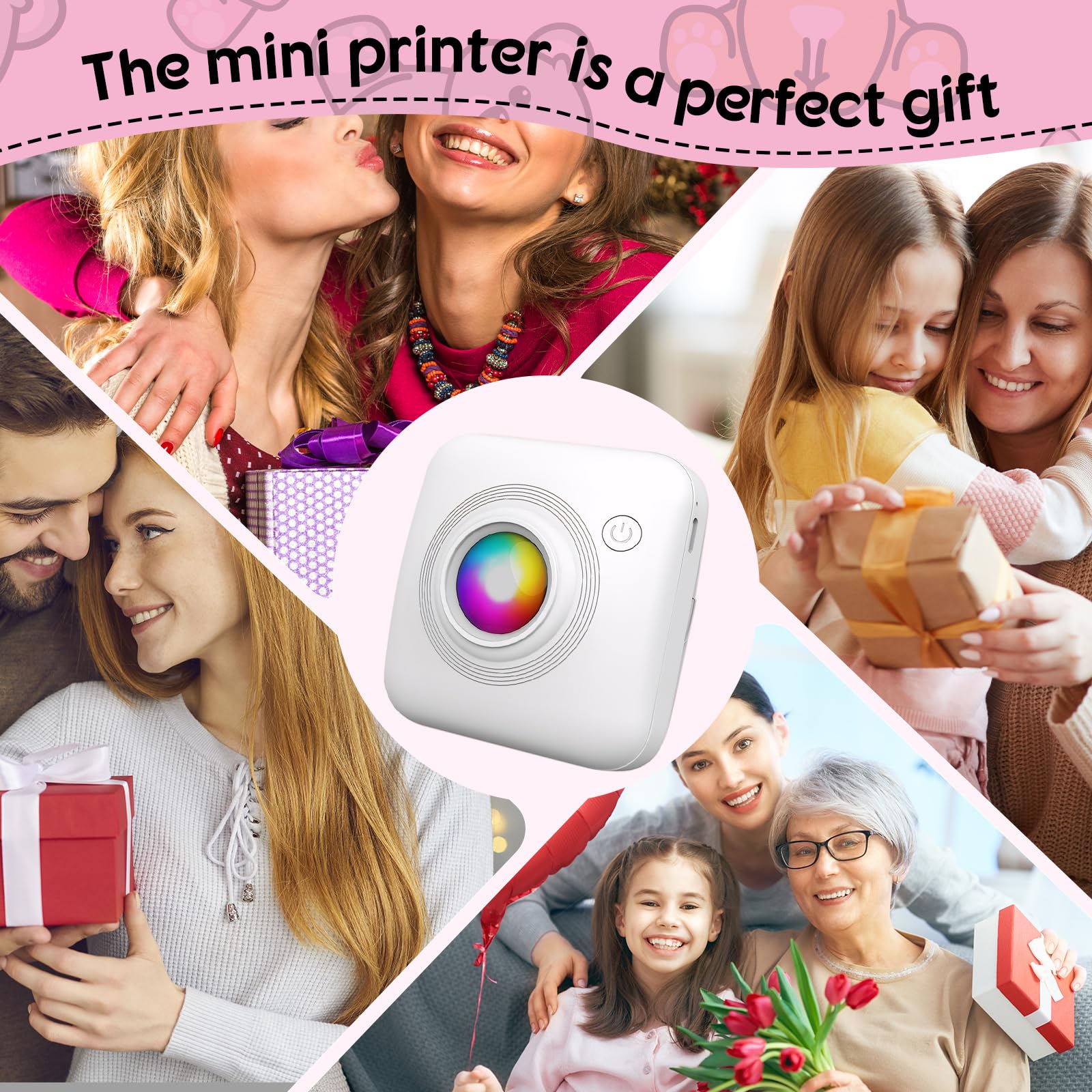Qoosea Mini Printer Portable Printer with 13 Rolls Paper Storage Bag Thermal Sticker Printer Bluetooth App for Phone for Notes Pictures DIY Label Gift for Kids Friends