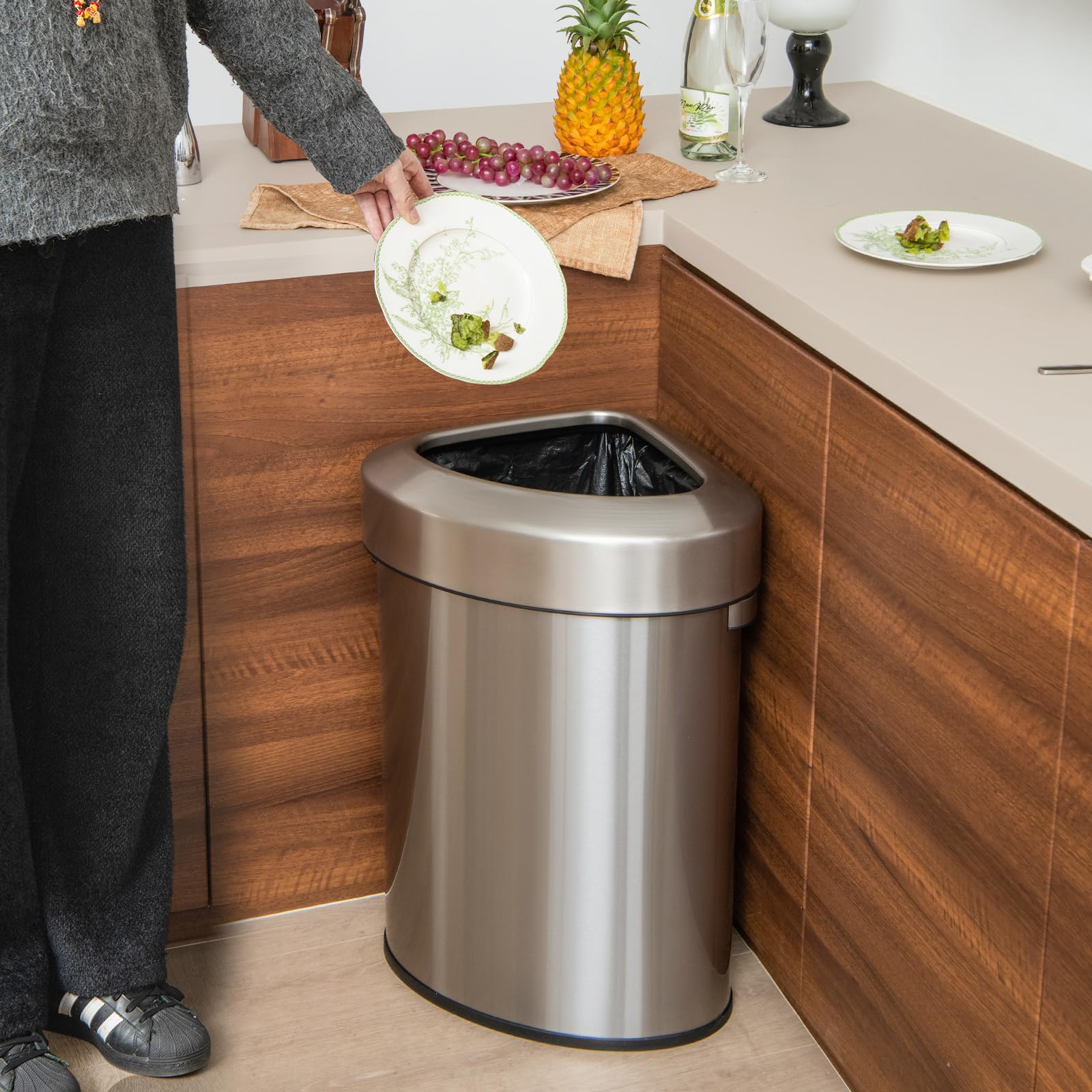 S AFSTAR Corner Trash Can 16 Gallon/60 L, Kitchen Garbage Can, Large Open Top Touchless Rubbish Can, Anti-Slip Bottom, Triangular Waste Bin, Stainless Steel Trash Bin for Bathroom Kitchen Bedroom