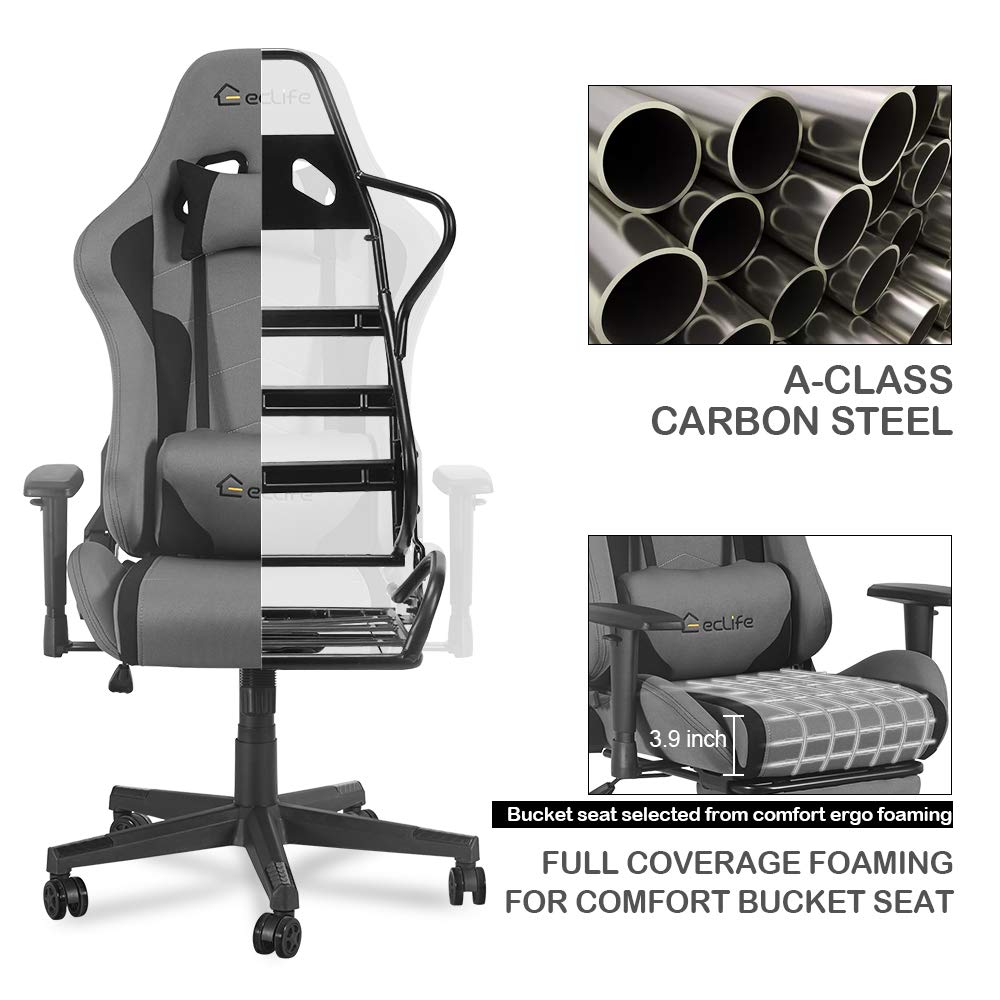 eclife Gaming Chair Ergonomic Racing Office Chair, Composite Linen Recliner, Computer Desk Chair,W/Massage Lumbar Support,Headrest Armrest,Rocking 360 Swivel Task Chair, 350 lbs
