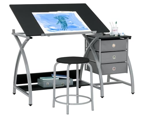 SD STUDIO DESIGNS 2 Piece Comet Craft Table | Angle Adjustable Top and Stool | Silver/Black
