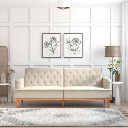 Pemberly Row Vintage Convertible Sofa Bed Futon in Tan Linen
