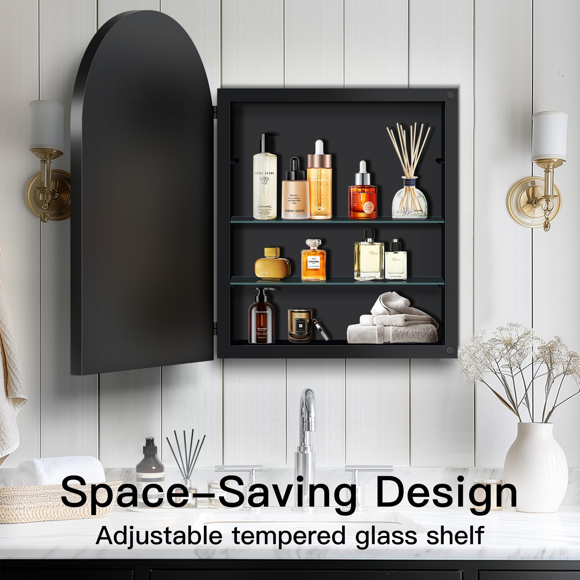 SDHYL Arched Bathroom Medicine Cabinet with Mirror, 36”x24” Recessed Medicine Cabinet for Bathroom with Beveled Edge Mirror, Wall Mounted Deep Set Alumiunm Frame, Black