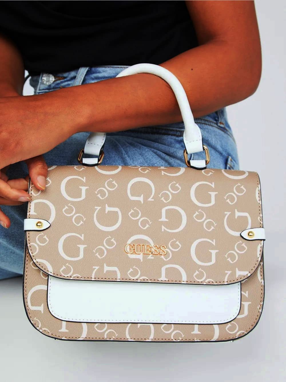 GUESS Women's Keston Caramel Tan Brown Logo Print Crossbody Bag Handbag Purse