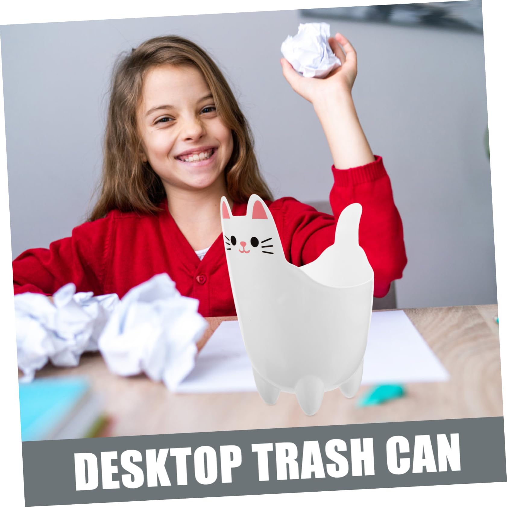 OKUMEYR Cat Shaped Trash Can, Mini Desktop Trash Can with Lid, Plastic, Black, 6.5" x 6.5" x 6.5"