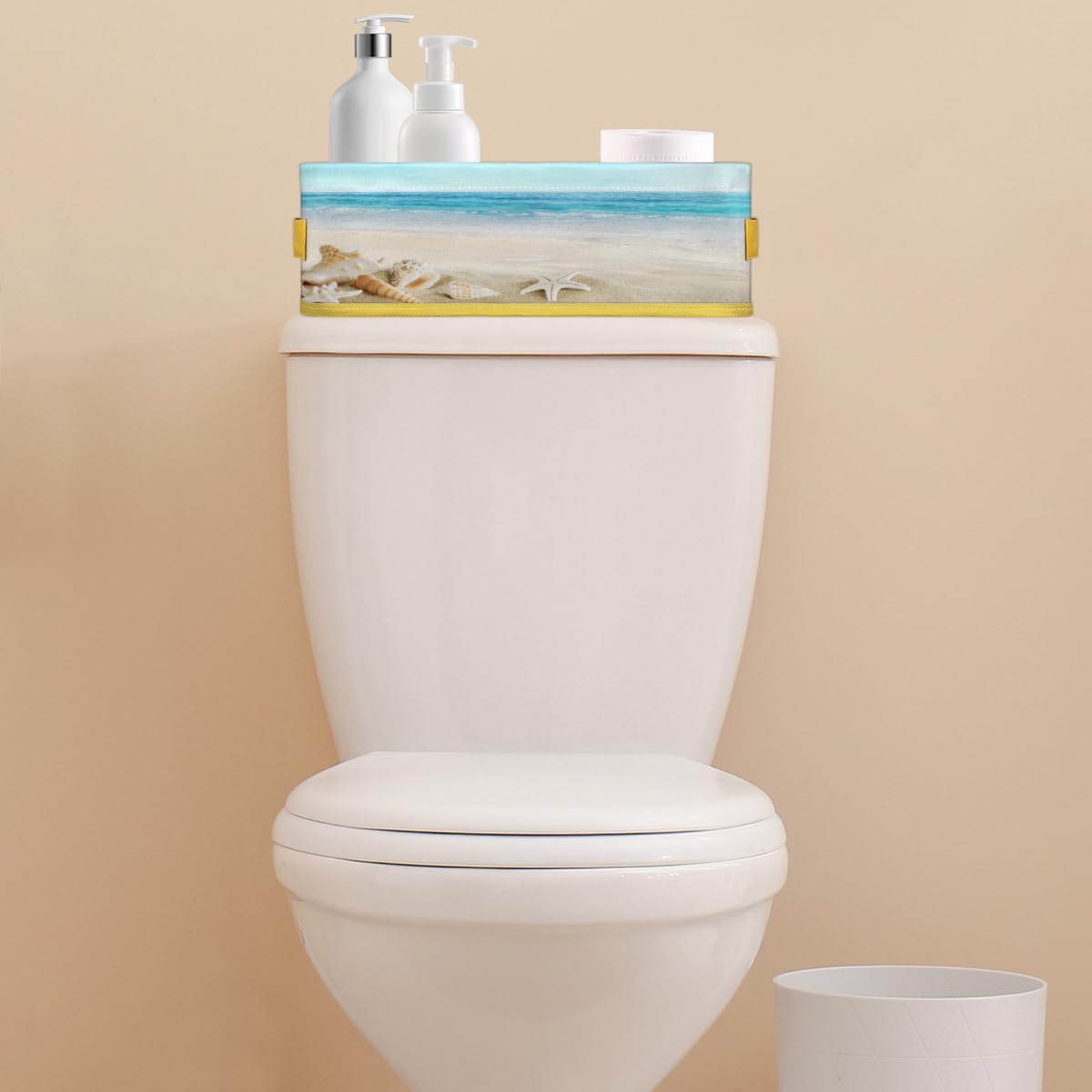 Sea Beach Starfish Bathroom Baskets for Organizing, Summer Seashell Foldable Storage Bins Toilet Paper Basket for Toilet Tank Top Fabric Storage Organizer for Shelves Closet Countertop