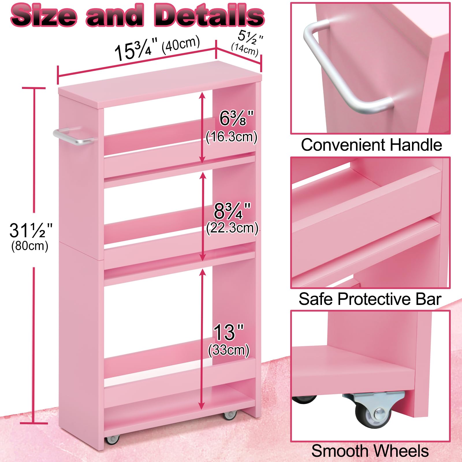 MARTY Pink Slim Storage Cart, 4-Tier Rolling Bookshelf Kitchen Cart with Wheels, Laundry Room Organization with Handle Slide Out Utility Cart Shelving Unit Trolley for Narrow Places