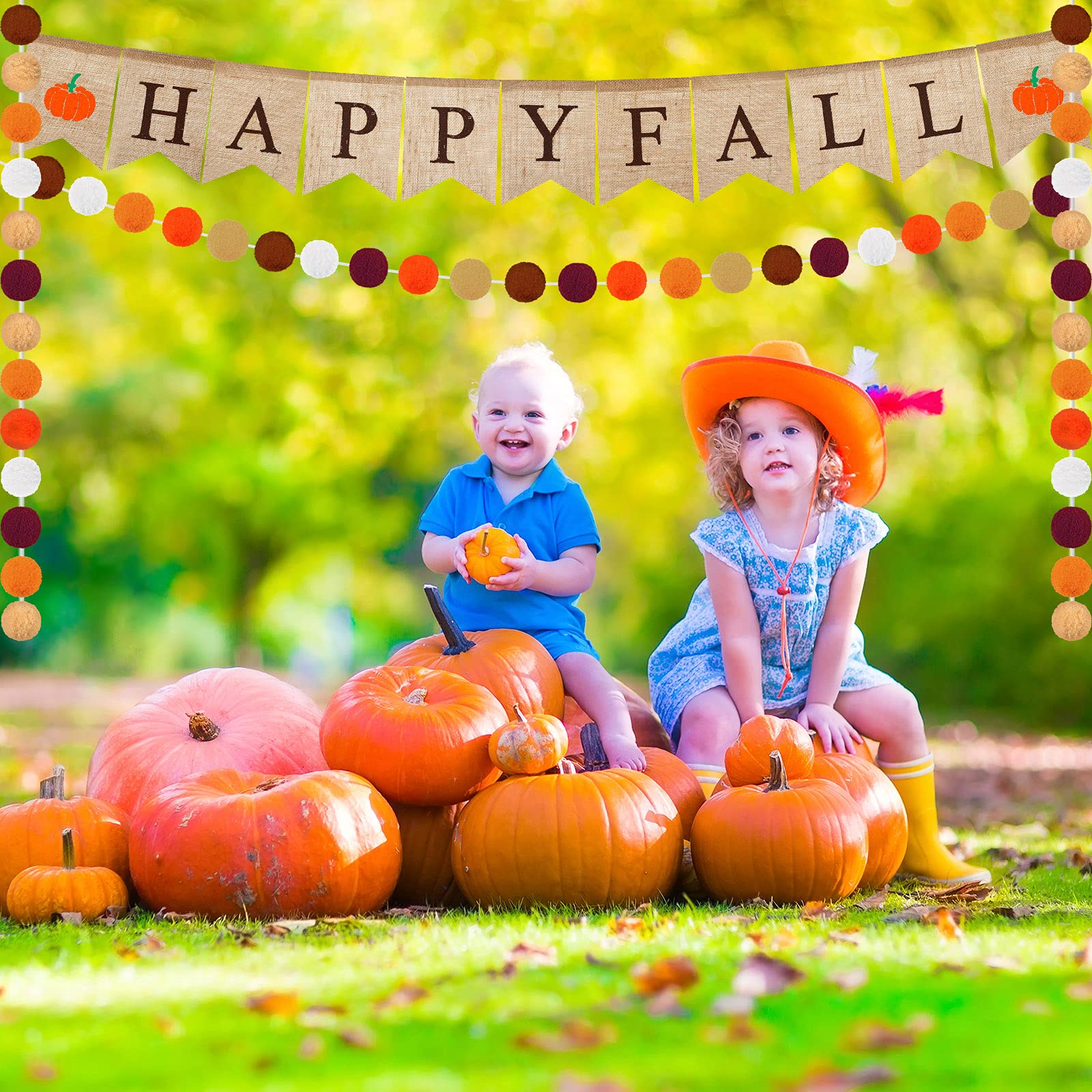 Fall Burlap Banner with 3 Pieces Fall Pom Pom Garland Wool Felt Ball Garland Thanksgiving Decoration for Harvest Time Autumn Theme Party Thanksgiving Supplies