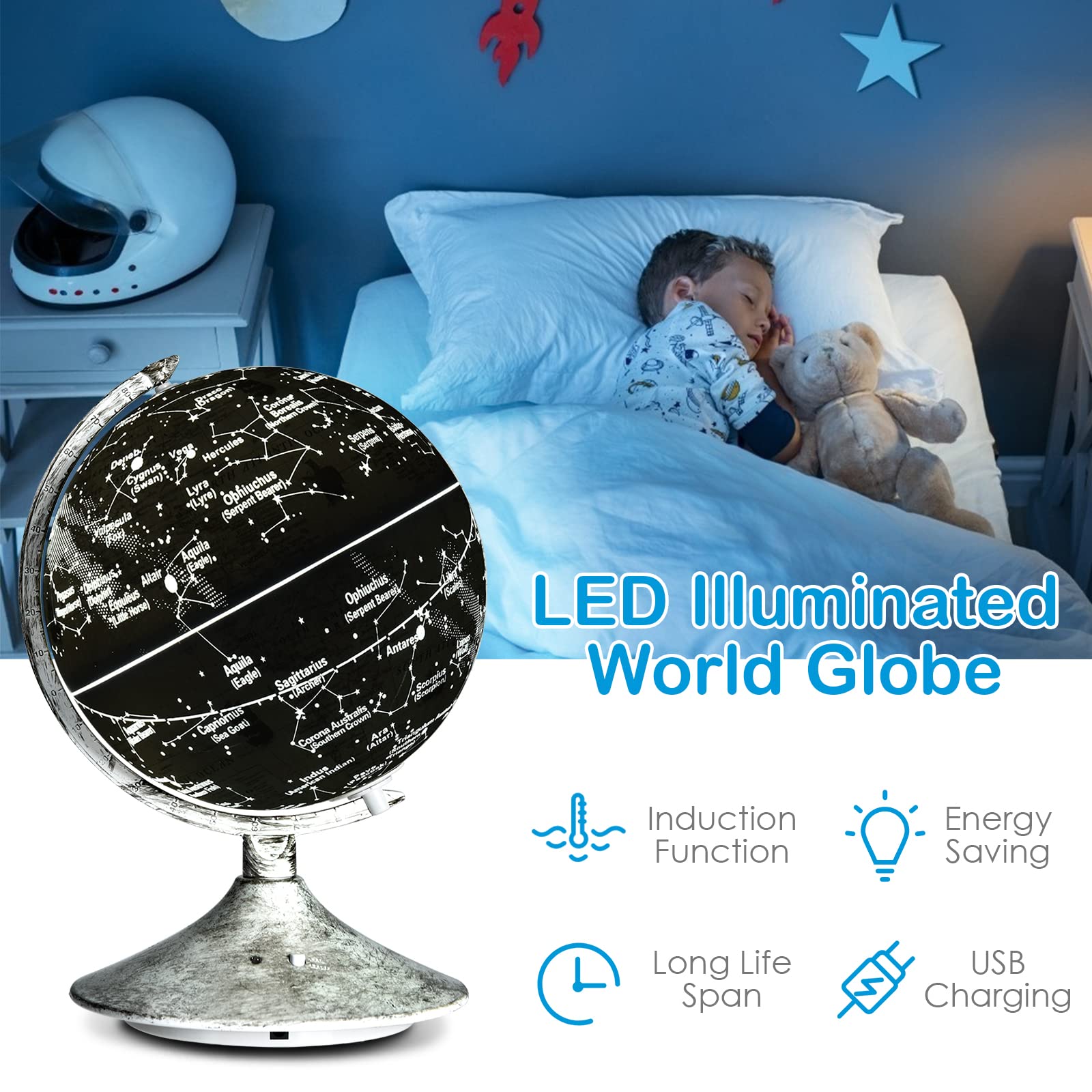 Goplus Illuminated Desktop World Globe, 13’’ 3 IN 1 Educational Geographic World Globe for Kids Learning, 360° Rotation Interactive Decorative Earth Globe w/Build-in LED Light, World Map and Constellation View for Classroom, Office