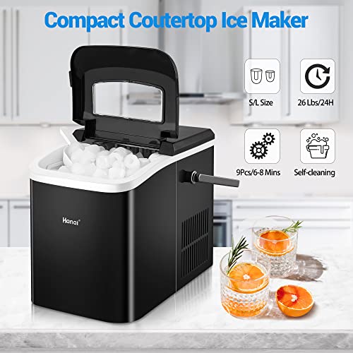 Ice Makers Countertop,Protable Ice Maker Machine with Handle,Self-Cleaning Ice Maker, 26Lbs/24H, 9 Ice Cubes Ready in 6-8 Mins, for Home/Office/Kitchen Black WANAI
