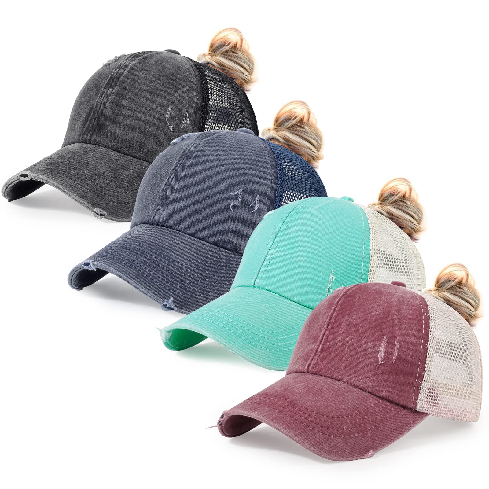 HH HOFNEN Ponytail Hats Womens Washed Distressed Baseball Cap High Ponycaps Cotton Dad Hat with Ponytail Hole