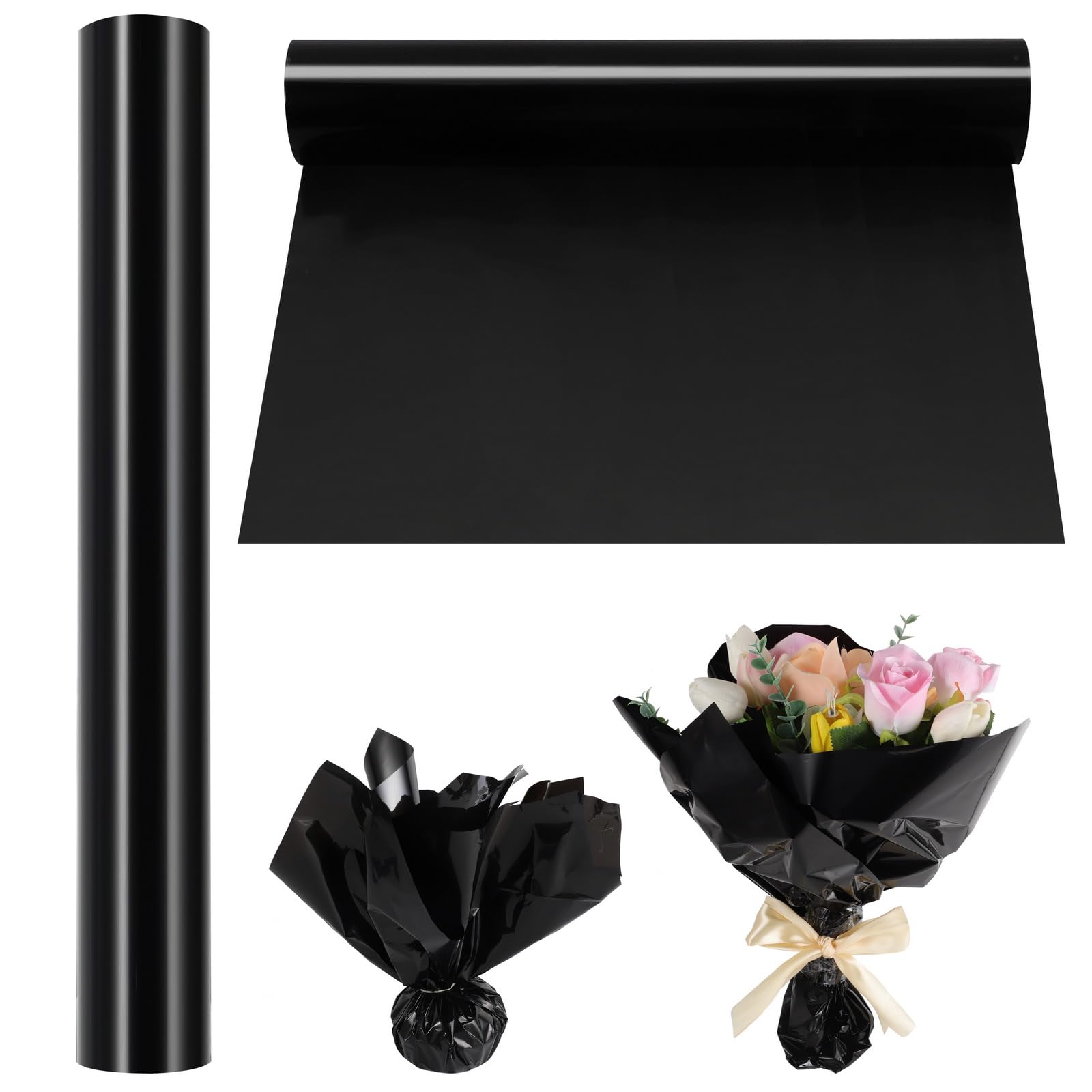 Pengxiaomei 32in x 50 Ft Black Cellophane Wrap for Gift Baskets Flower Halloween Wrapping Paper Cellophane Wrap Roll for Gift Halloween Wrapping (Black)