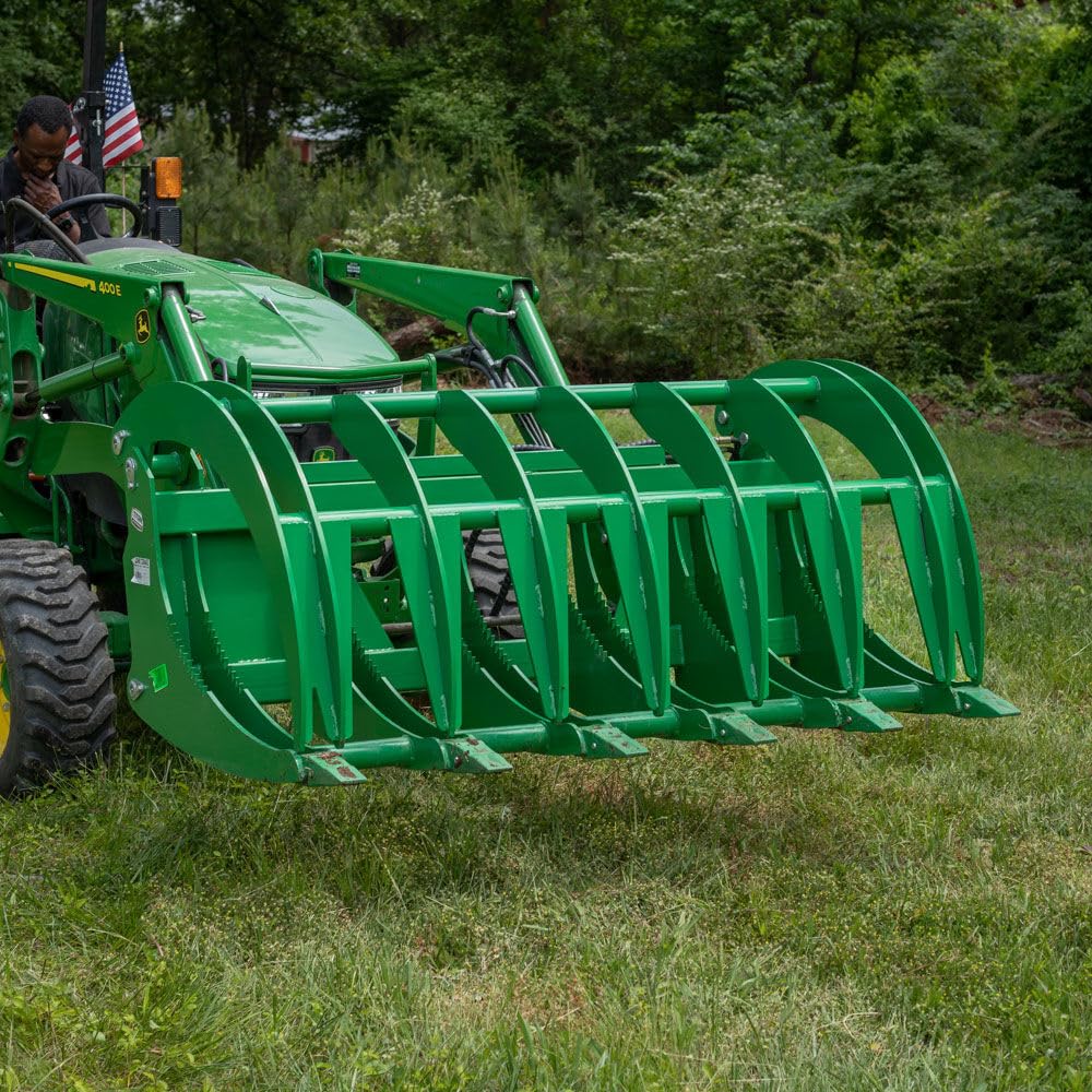 Titan Attachments 84" HD Root Grapple Rake Attachment Fits John Deere Hook and Pin Connection, Recommended for Series 4 Tractors, Twin 3,000 PSI Cylinders, Carry Rocks, Logs, Brush, Debris