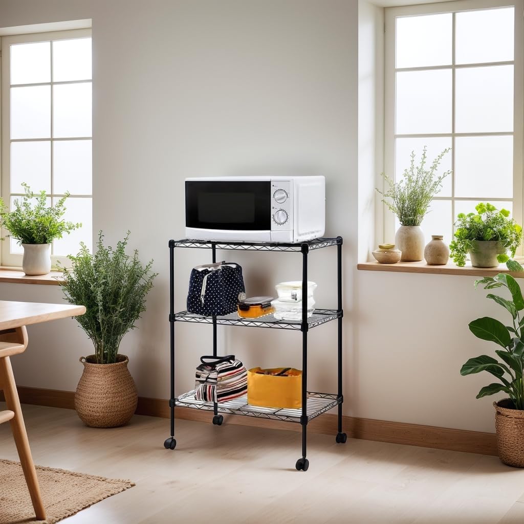 Imseigo 3-Layer Adjustable Metal Storage Shelf,Plastic Coated,1.5" Plastic Wheel Casters,Mobile Iron Organizer Wire Rack,23.6" L x 13.8" W x 33.5" H for Indoor Living Room,Kitchen,Corridor,Bedroom