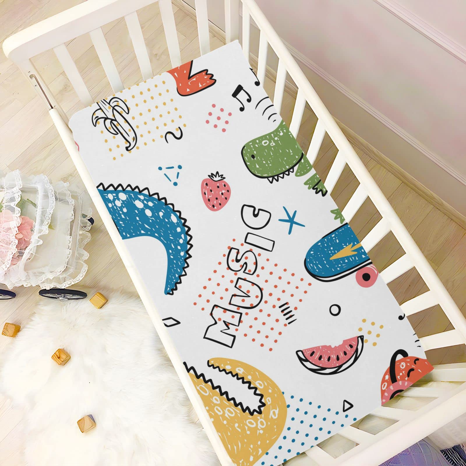 Music Dinosaur Baby Crib Sheets Soft Toddler Bed Sheets Breathable Mattress Cover Playard Sheet for Crib Mattress Unisex Newborn Boy, 39 * 27 * 5in