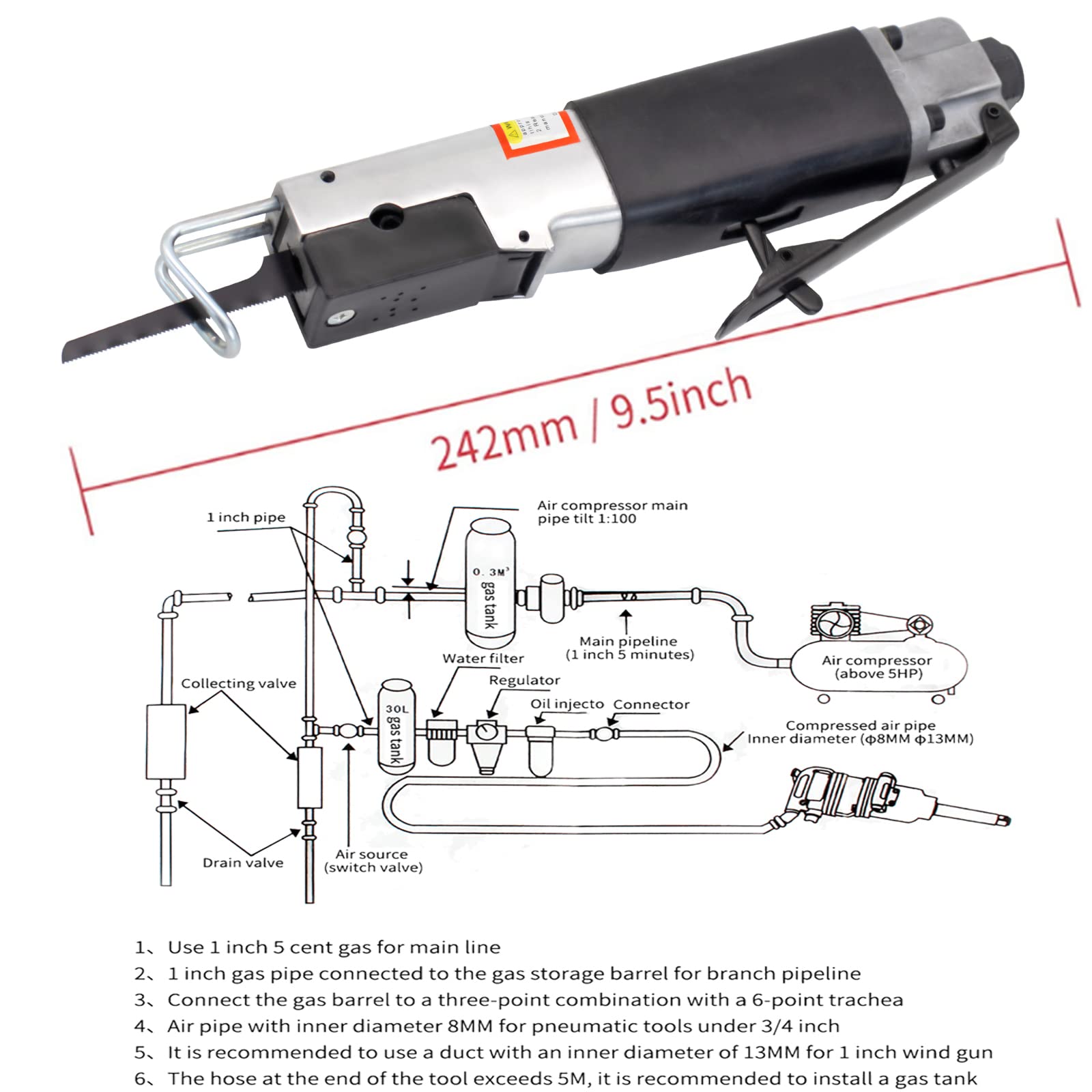 SDRTOP Air Reciprocating Saw Pneumatic body saws tool with 6pc 24T & 32T Blades Heavy Duty Hacksaw Cutter for Metal Sheet Cutting