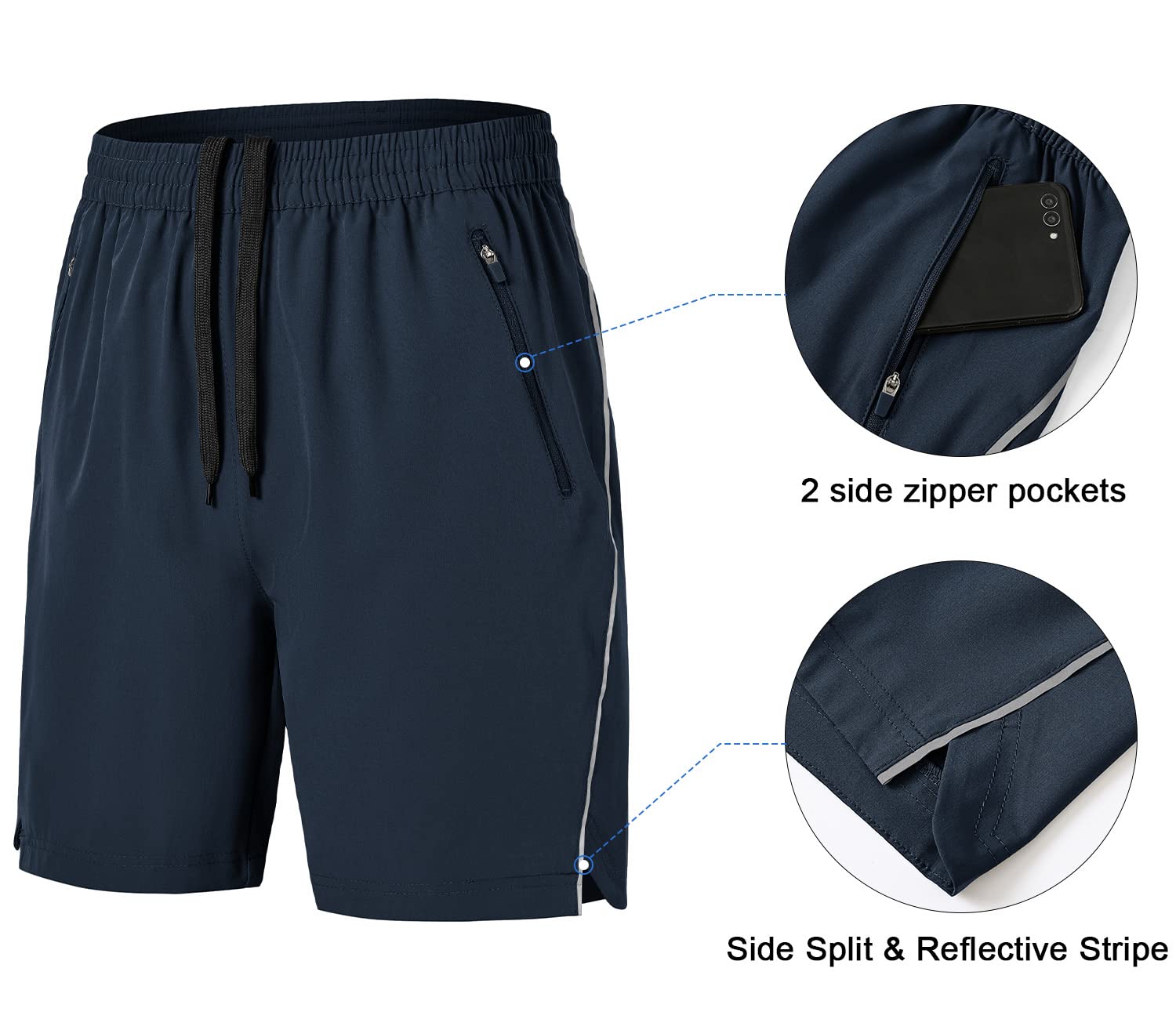 Gopune Men's Workout Shorts Lightweight Quick dry Outdoor Running Athletic Gym Shorts with Zipper Pockets Navy,3XL