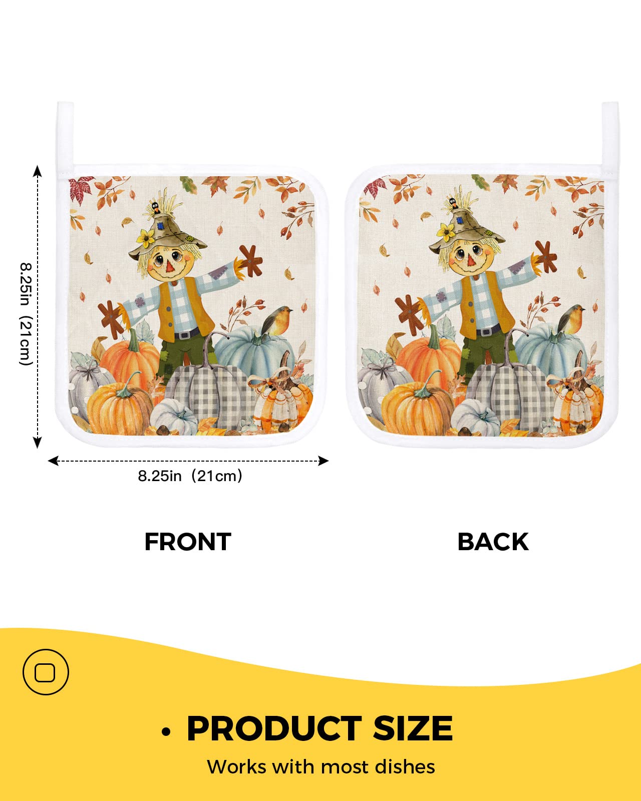 Fall Scarecrow 2 PCS Pot Holders for Kitchens Counter, Autumn Thanksgiving Pumpkin Maple Burlap Heat Insulated Podholders Oven Hot Pads for Cooking BBQ Baking Heat Proof Mat