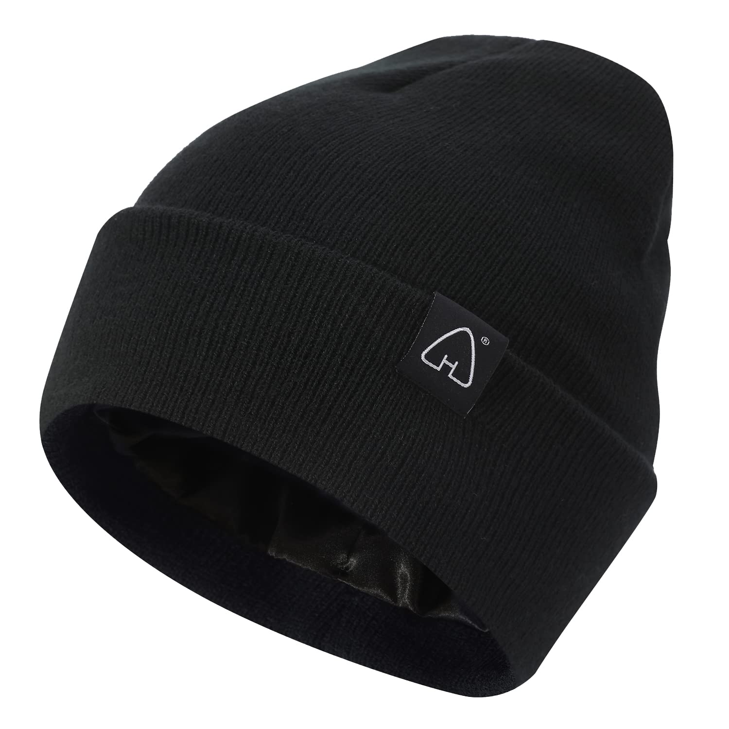 Hat Hut Satin Lined Beanie Hat for Women Cuffed Winter Hats for Curly Hair Silk Lining Slouchy Ski Beanie Hat Warm Skull Cap (Black)