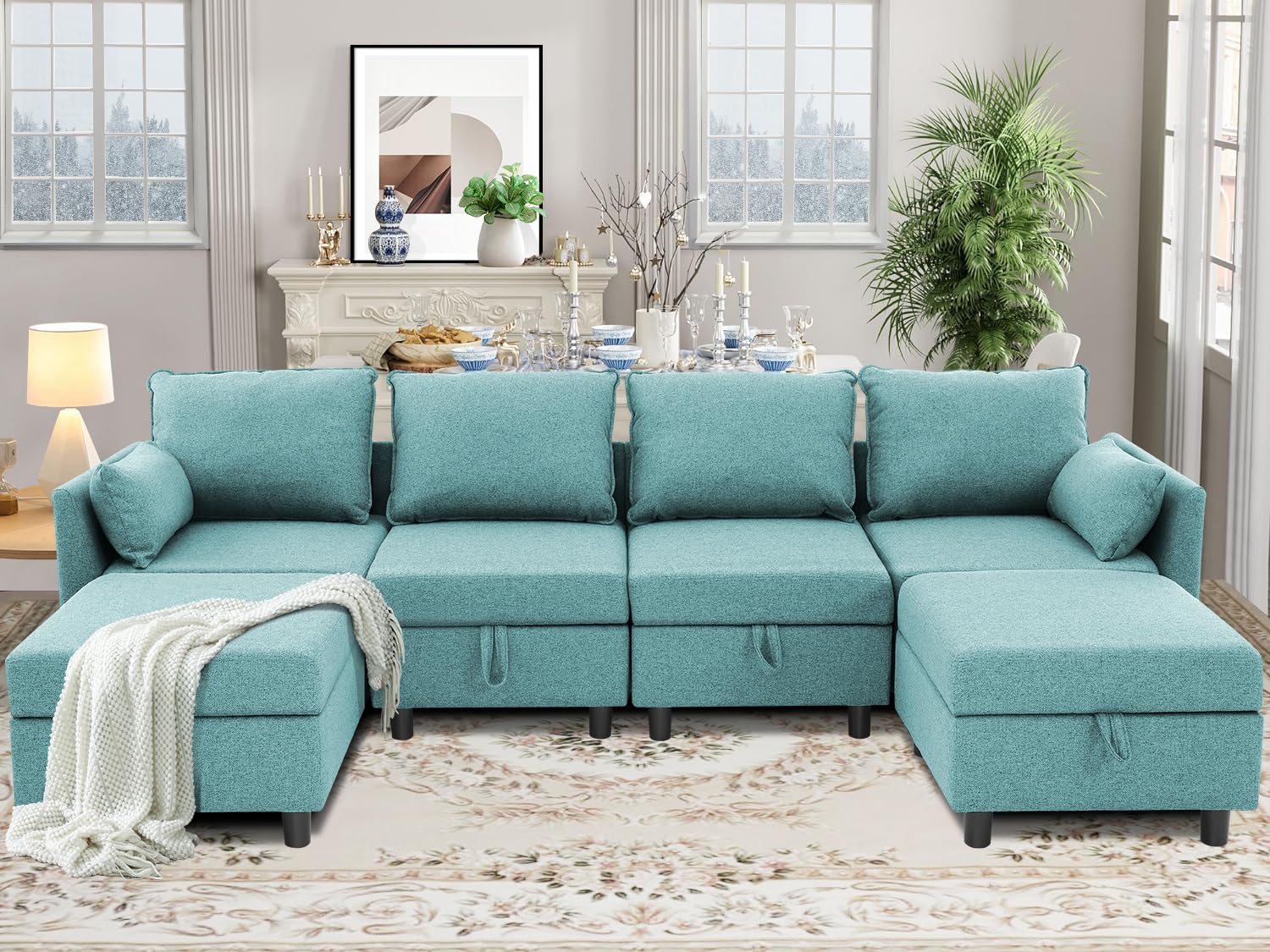 SEJOV Sleeper Sofa, 4-in-1 Convertible Ottoman Couch Bed, Modern Blue Line Futon Couch with 2 Pillows Adjustable Backrest and Armrests, Foldable Loveseat for Apartment Dorm, Office, Light Blue