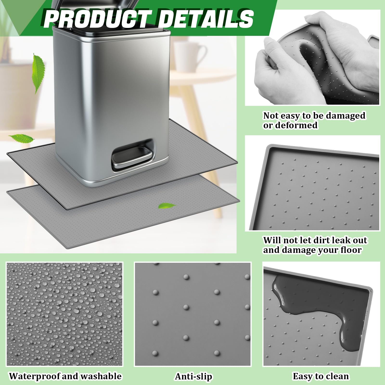 Tinideya Waterproof Trash Can Mat with Raised Edge Non Slip Under Garbage Can Mat Trash Can Pads Protective Silicone Rubber Tray for Kitchen to Avoid Spills Floor Scratches (2 Pieces,15.8" x 23.6")