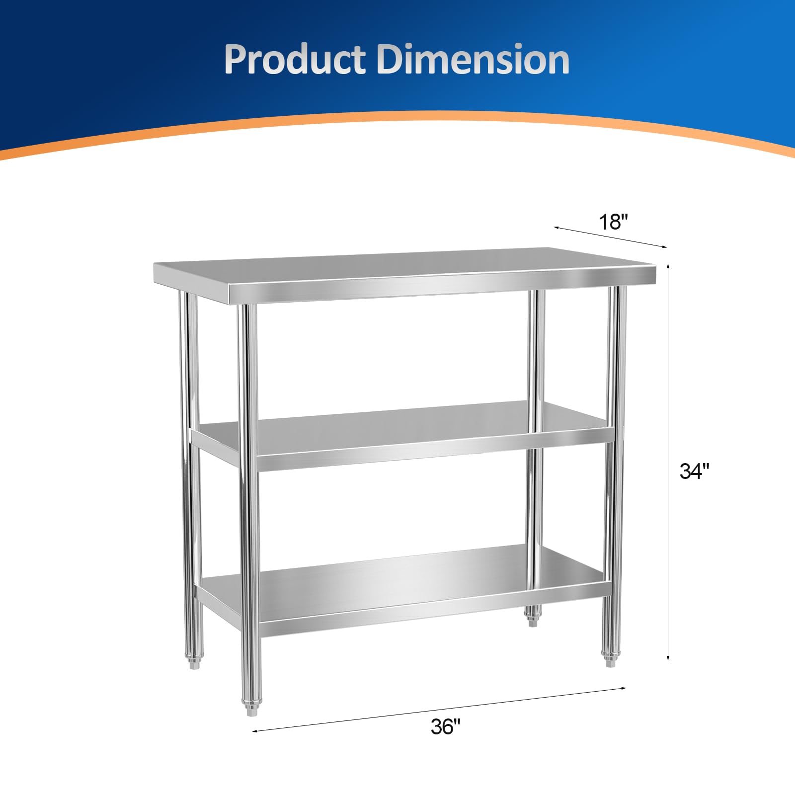 ROVSUN Stainless Steel Table with 2 Shelves 36 X 18 Inch, NSF Commercial Heavy Duty Prep & Work Table, Metal Utility Table for Kitchen, Restaurant, Home, Hotel, Garage