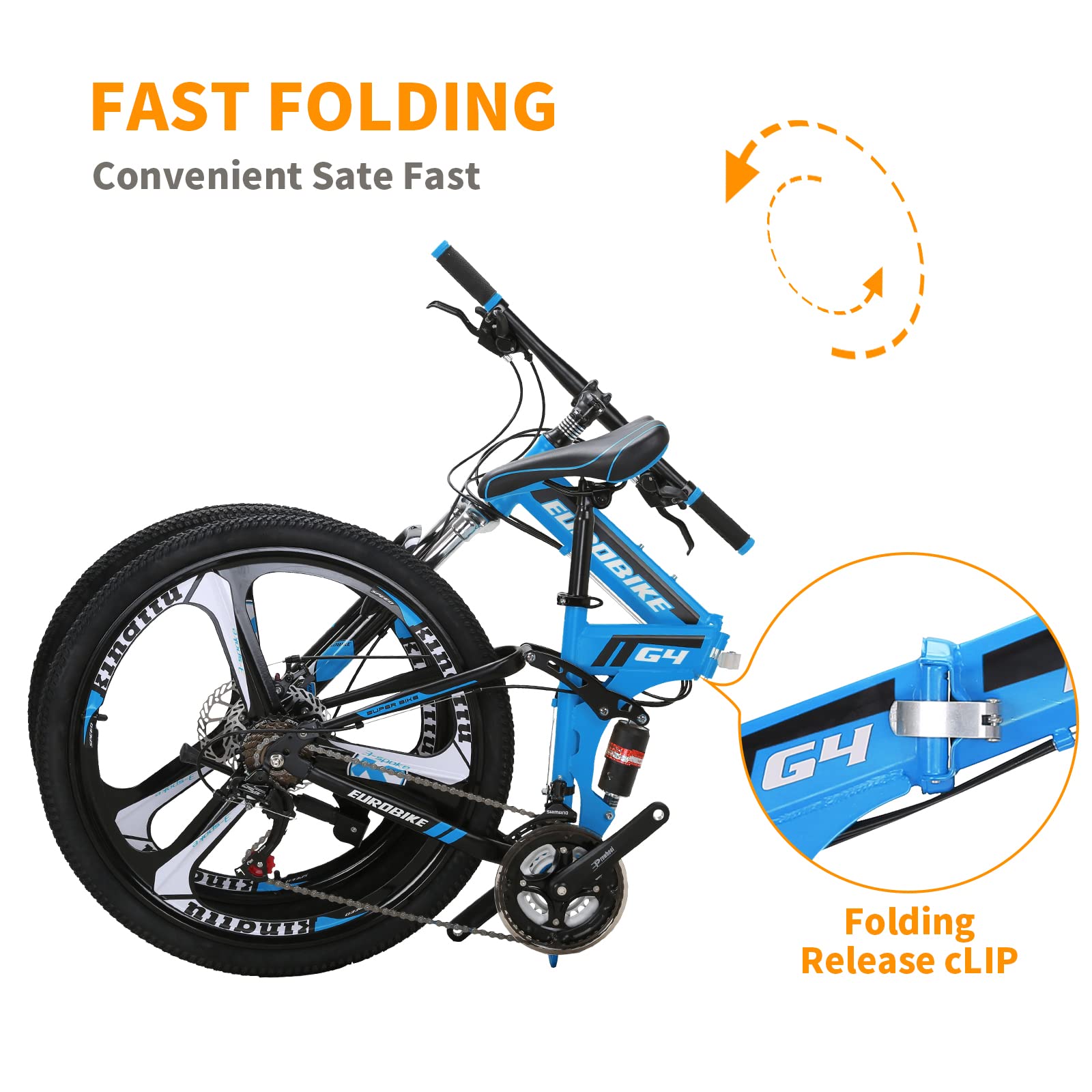 EUROBIKE OBK G4 26" Full Suspension Folding Mountain Bike 21 Speed Bicycle Men or Women MTB Foldable Frame (Blue)