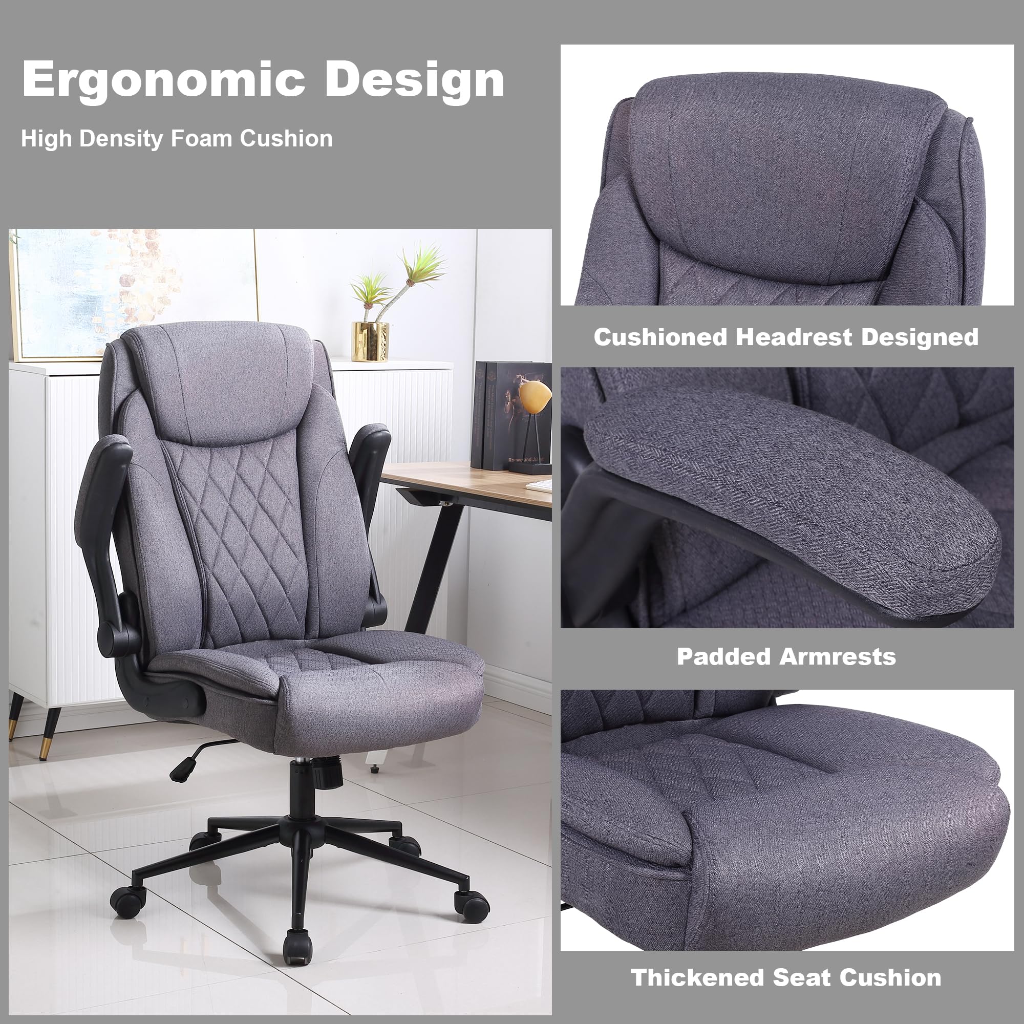 Executive Office Chair, Ergonomic Home Office Desk Chairs, Fabric Computer Chair with Lumbar Support, Flip-up Armrests and Adjustable Height,High Back Work Chair(7022) (7022-A)