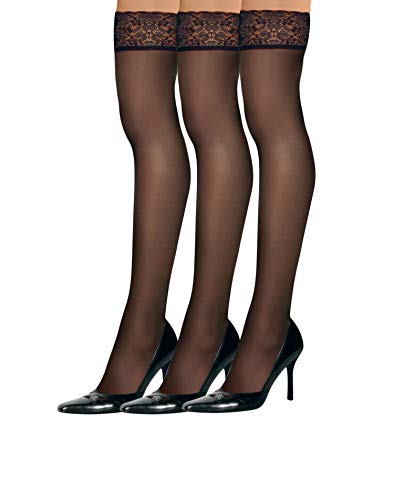 Hanes Women`s Set of 3 Silk Reflections Lace Top Thigh Highs EF, Jet