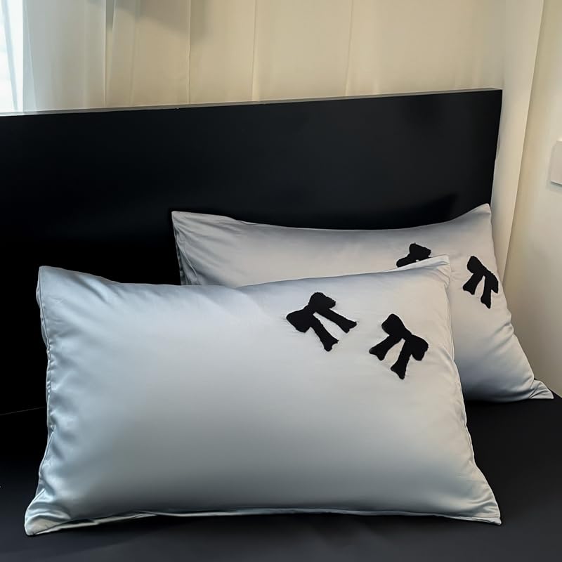 MASTERMARK Blue Duvet Cover Set ,3 Piece Luxury Silky Black Bow Design Bedding Set with 2 Pillow Shams with Zipper Closure (No Comforter) 86x94 Inches