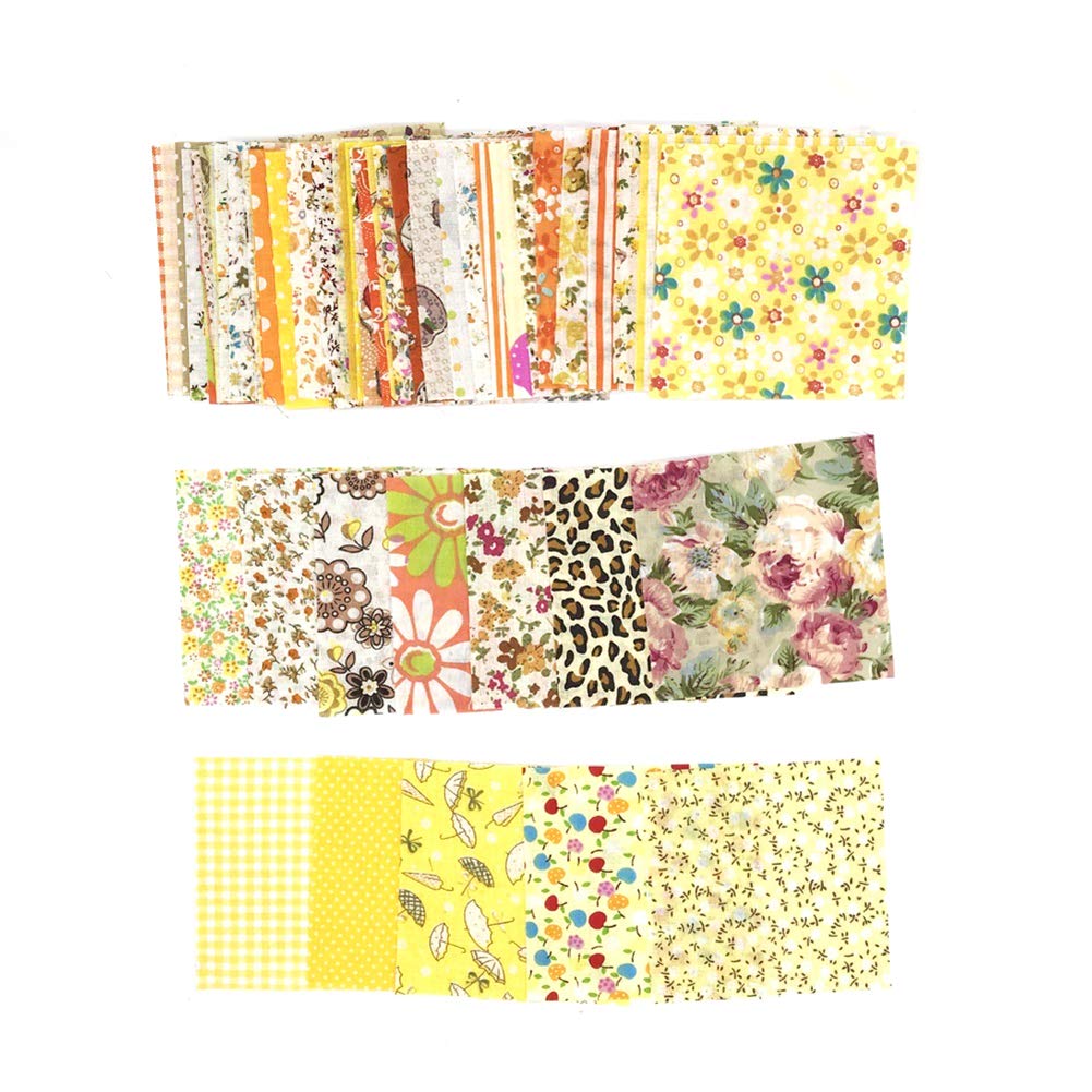 Shulemin 50Pcs 4" x 4" Cotton Craft Fabric Vintage Cotton Fabric Bundle Printed Floral Patchwork Plain Cloth Floral Precut Fabrics for DIY Sewing Quilting Scrapbooking Yellow