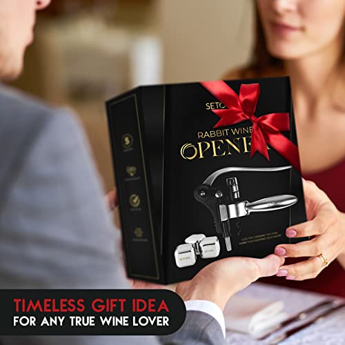 Heavy-Duty Rabbit Wine Opener With 2 Stainless Steel Ice Cubes By Setoris - Winged Corkscrew With Ergonomic Lever & Non-Stick Warm- Manual Rabbit Cork Remover- Great Wine Gift Idea (Bronze)