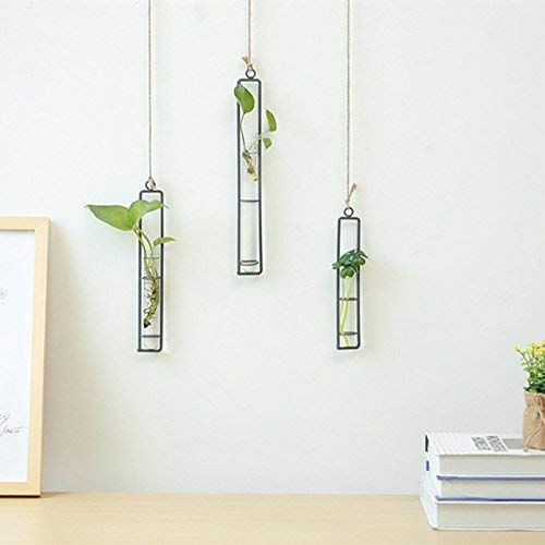 Hanging Glass Planter Water Iron Art Hydroponic Vase Transparent Test Tube Flower Hanging Bottle Home Decoration (3pcs-S,M,L)