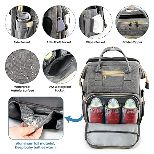 Kompoll Unisex Diaper Bag Backpack, Grey, Large Capacity, Waterproof, Padded Shoulder Straps, Reinforced Zippers, 5 Pockets with Insulated Function, Suitable for 0-24 Months