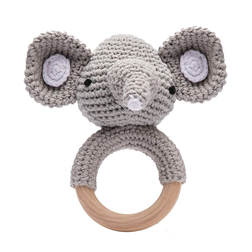 Youuys Wooden Baby Rattle Toys, Easter Rattle for Baby Crochet Elephant Rattle Toy Natural Wood, Shaker Rattle for Hand Grips, Boy Girl First Rattle Gift, Newborn Gifts (Elephant)