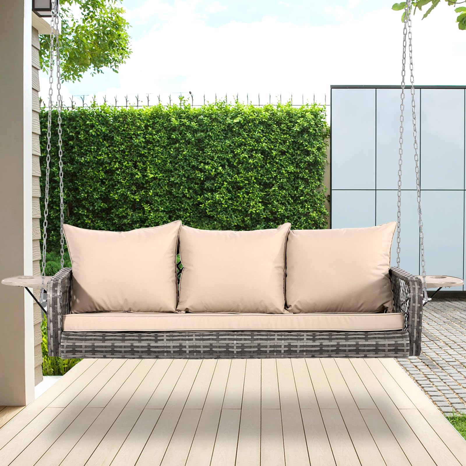TITIMO 3-Seats Wicker Porch Swing Hanging Bench Chair Outdoor Gray Rattan Patio Swing Lounge with Cushions for Garden, Balcony, Deck