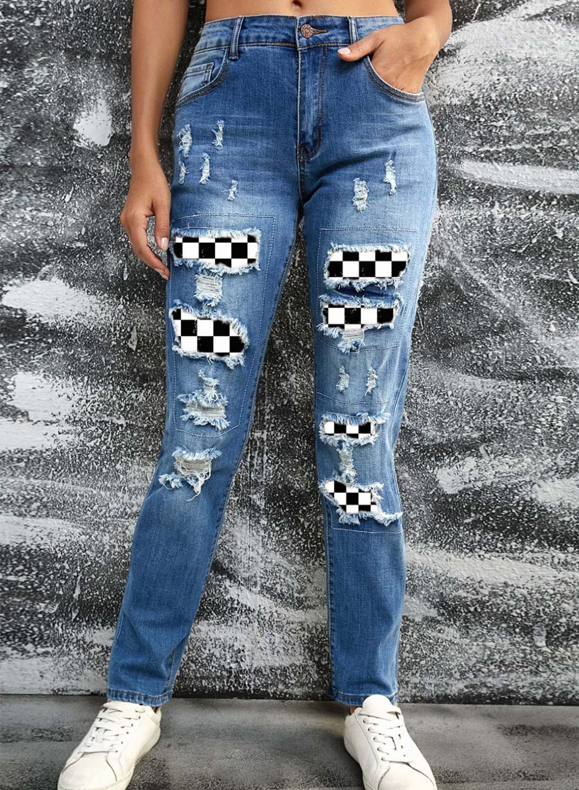 EVALESS Ripped Jeans for Women Boyfriend Distressed Patchwork Print Democracy Mom Jeans 2023 Fashion Wide Leg Losse Baggy Racing Denim Pants with Hole Blue Medium